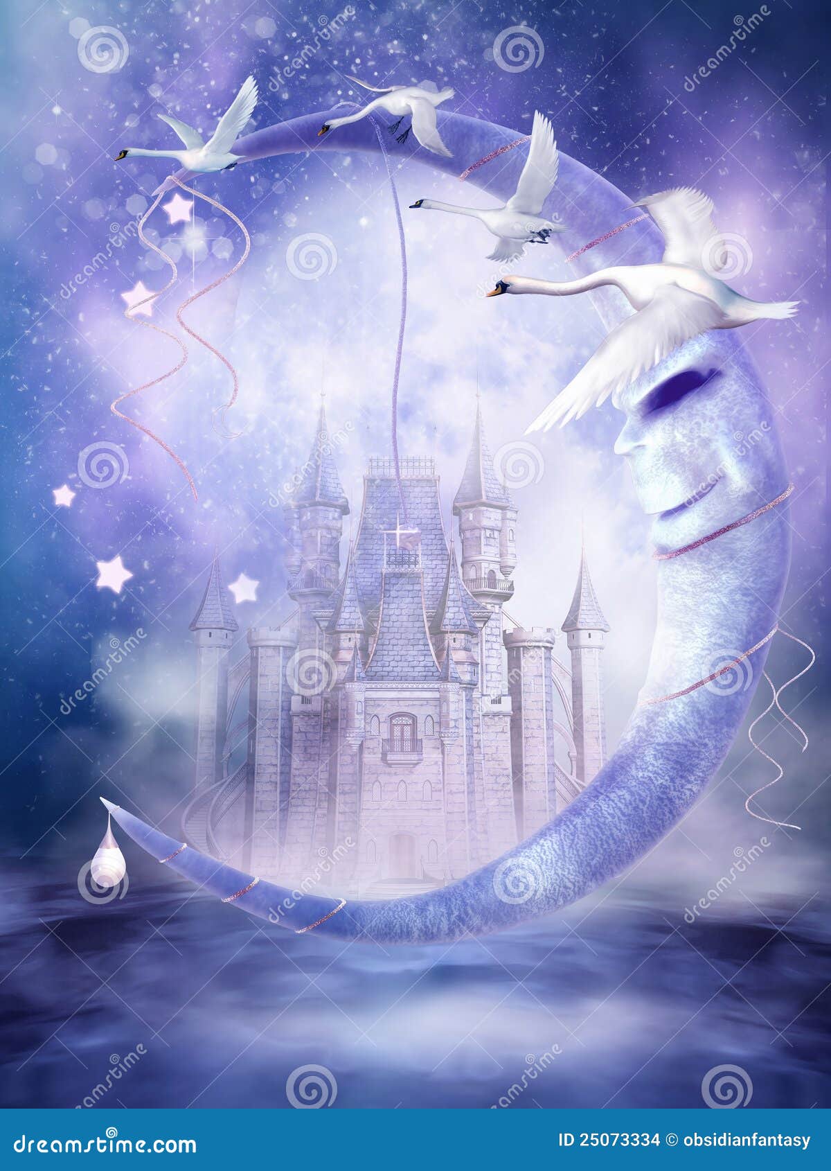 Fairytale moon with swans stock illustration. Illustration of cloud ...