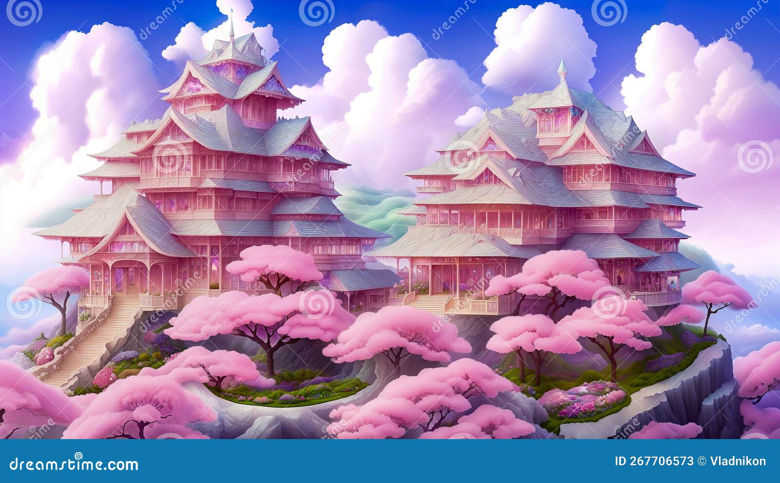 Fairytale Sakura Castle in the Clouds Stock Illustration - Illustration of design, dream: 267706573