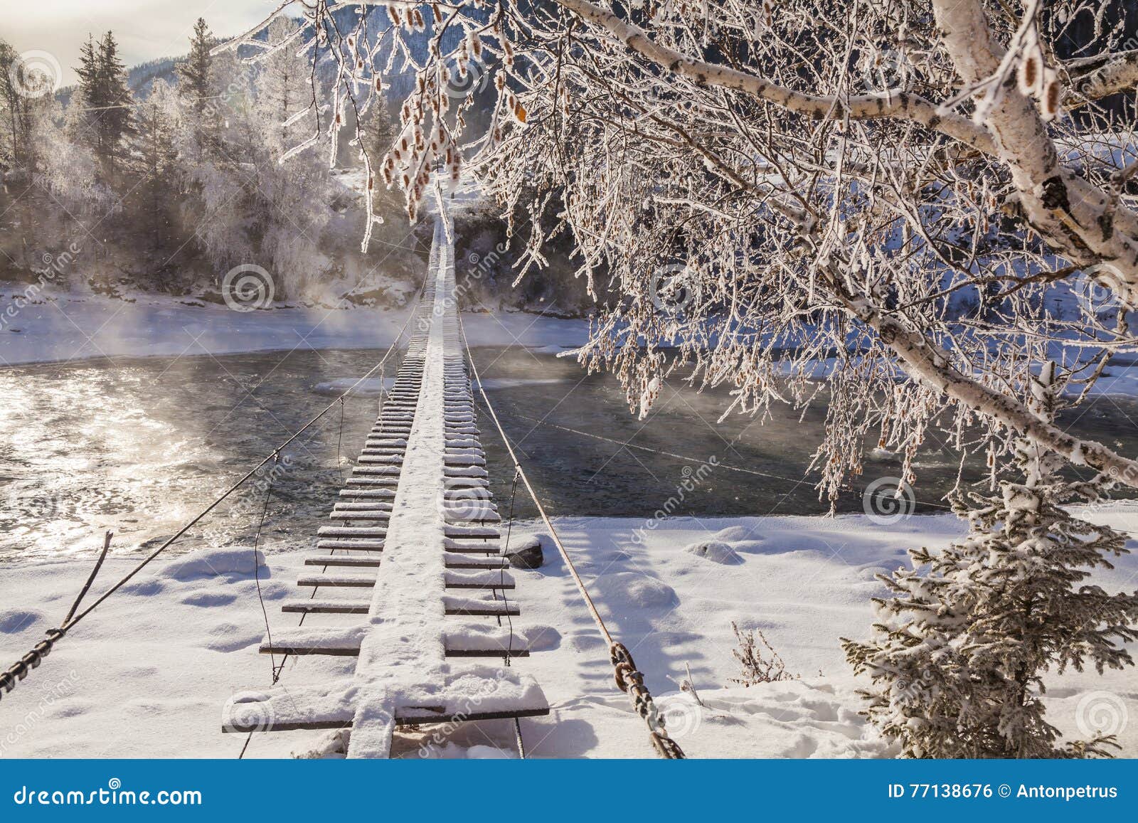 Fairytale Snowy Landscape with Snow-covered Bridge Stock Photo - Image ...