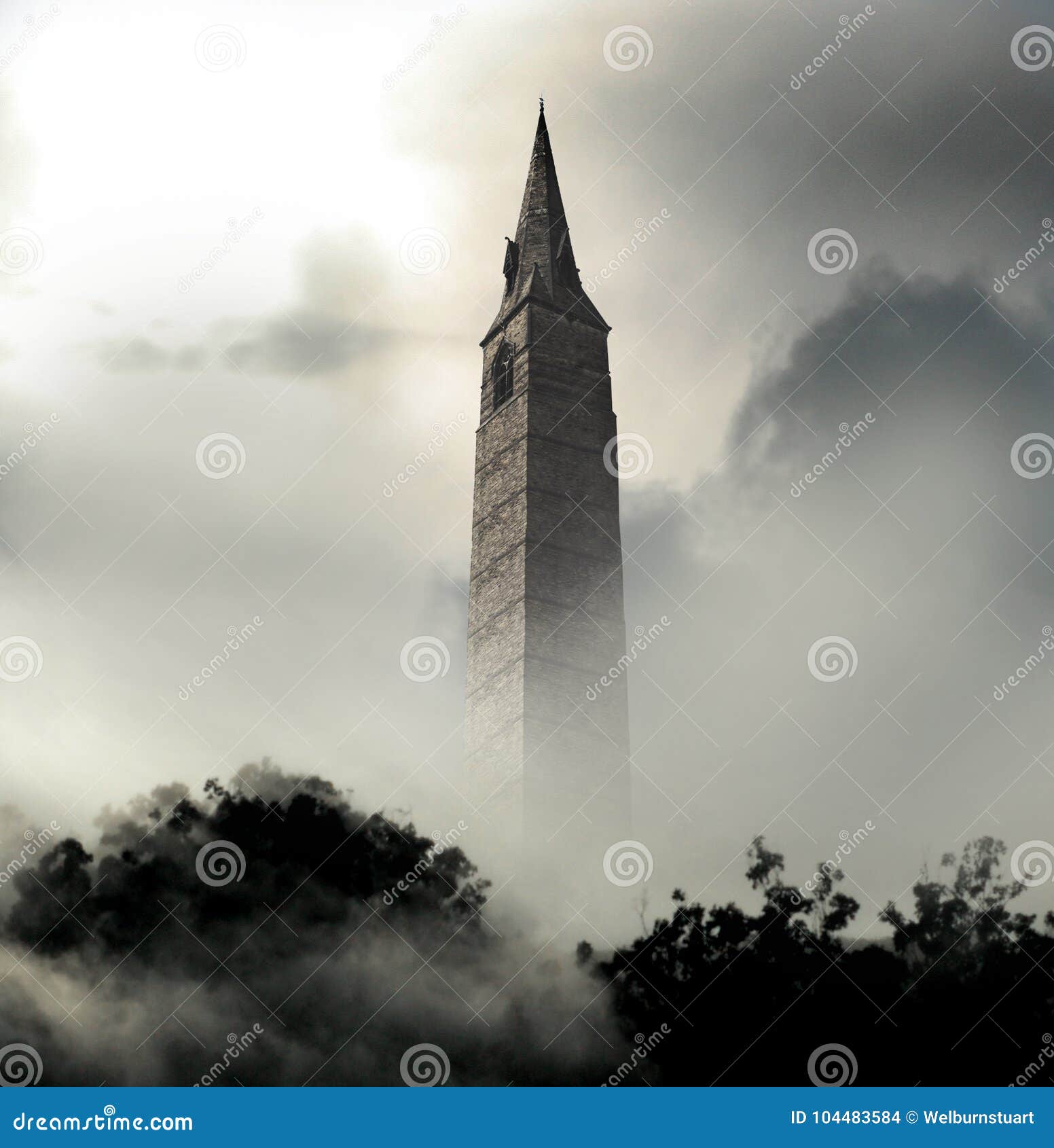 Fairytale tower in mist stock photo. Image of spooky - 104483584