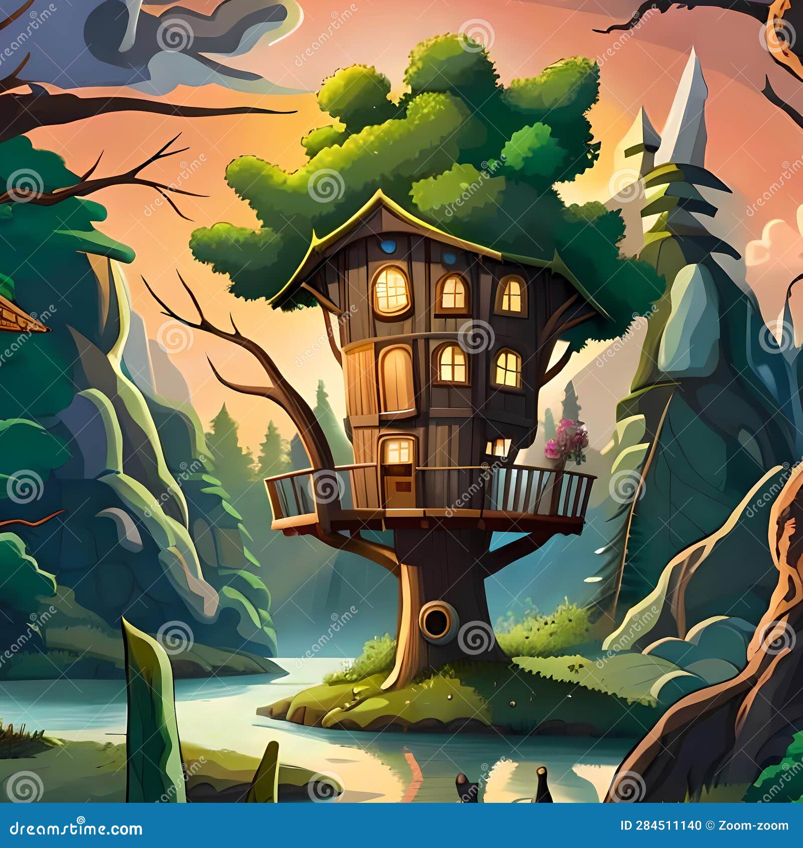 Fairytale Treehouse In The Forest Royalty-Free Cartoon | CartoonDealer ...