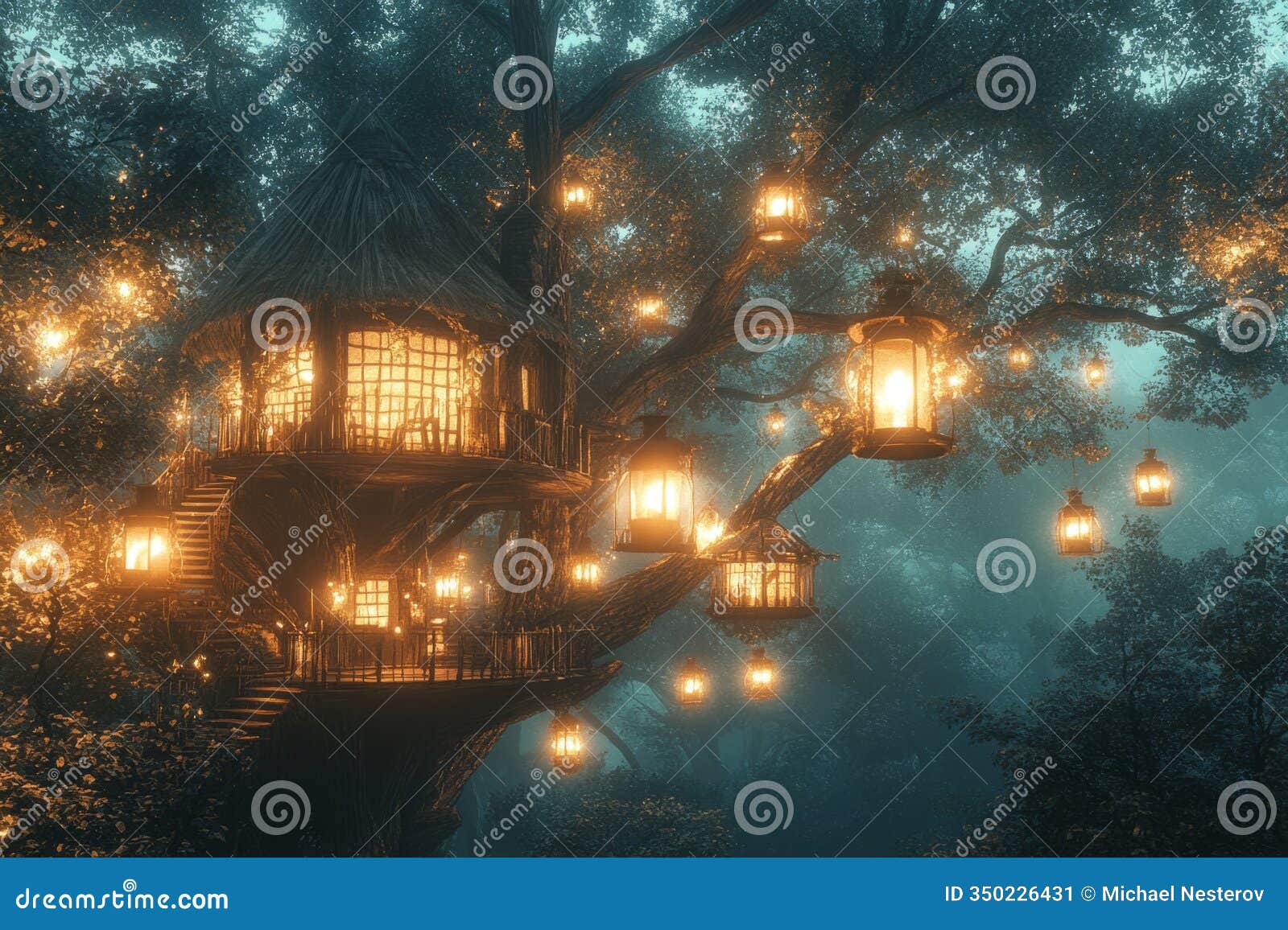 Fairytale Treehouse Illuminating the Enchanted Forest at Night Stock ...