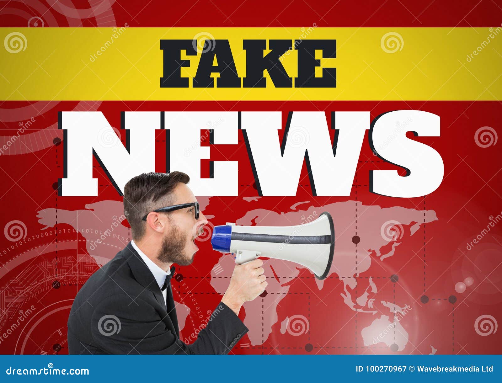 Fake News Text and Man Shouting in Megaphone in Front of World Map ...