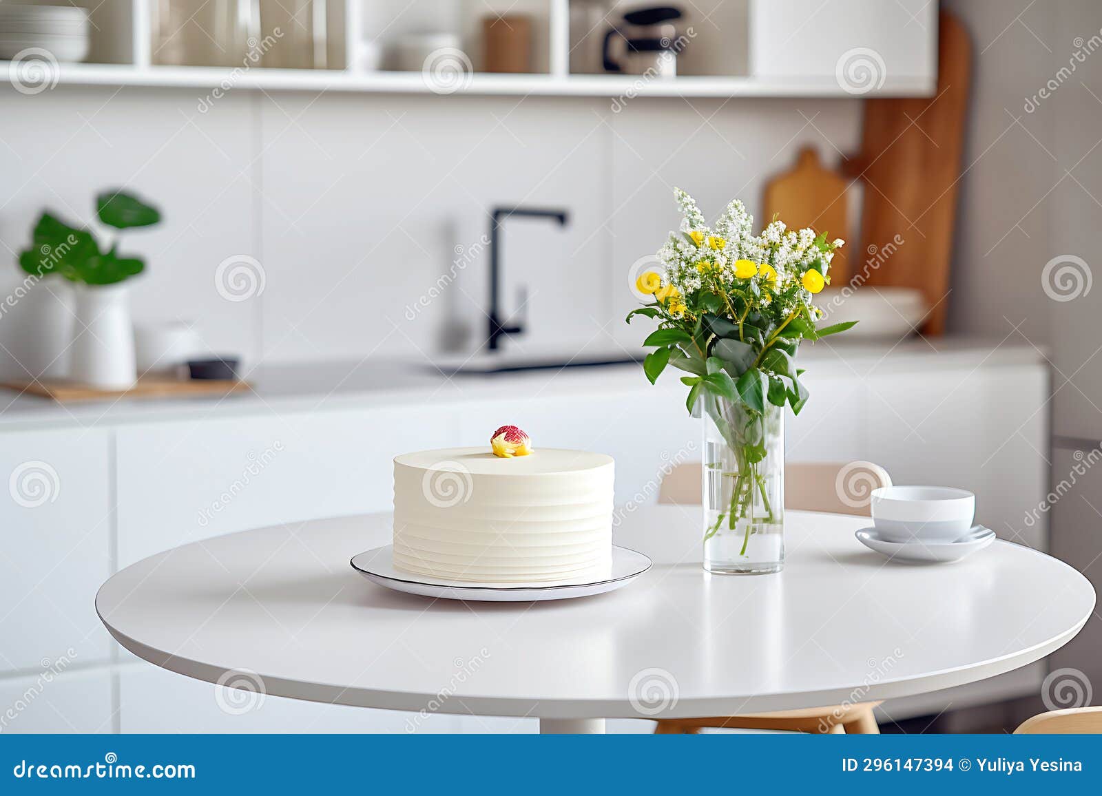 A Fake White Cake on a Plate Stands on a White Table in a Bright ...