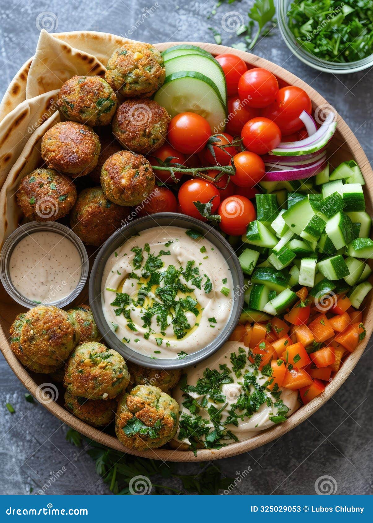 Falafel Platter with Tahini, Pita, and Veggies Stock Illustration ...
