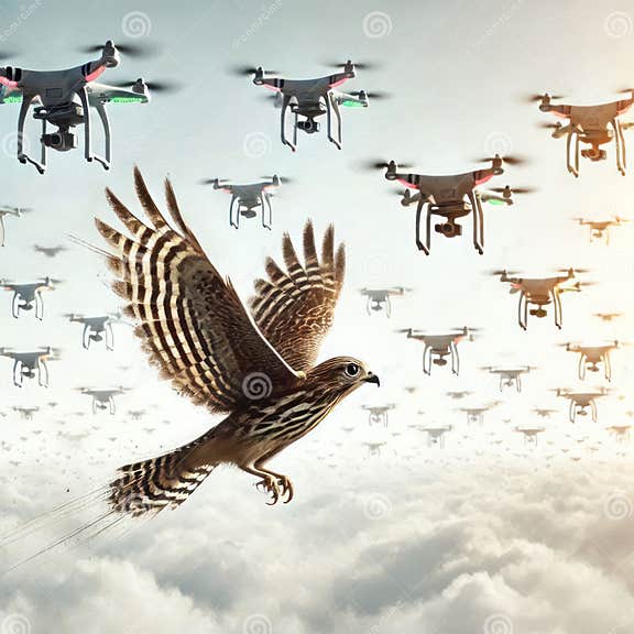 A Falcon in the Clouds among Drones. Stock Image - Image of technology ...