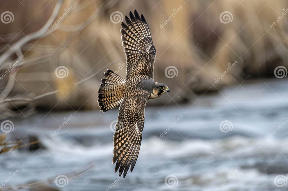 Falcon Flying Parallel To a Flowing River Stock Photo - Image of bird ...