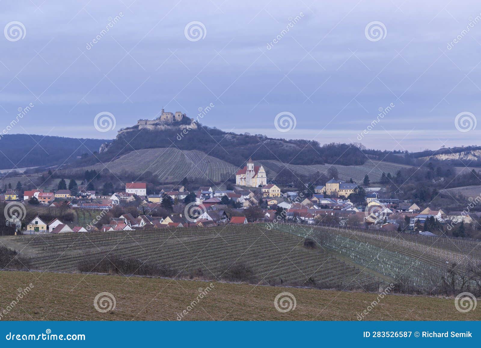 Falkenstein Ruins and Town with Vineyard, Lower Austria, Austria Stock ...