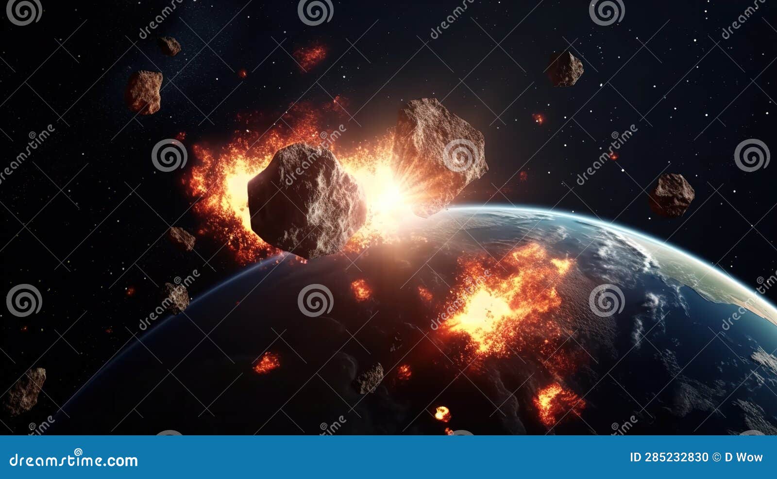 The Fall of Asteroids on Planet Earth, the End of the World. Stock ...