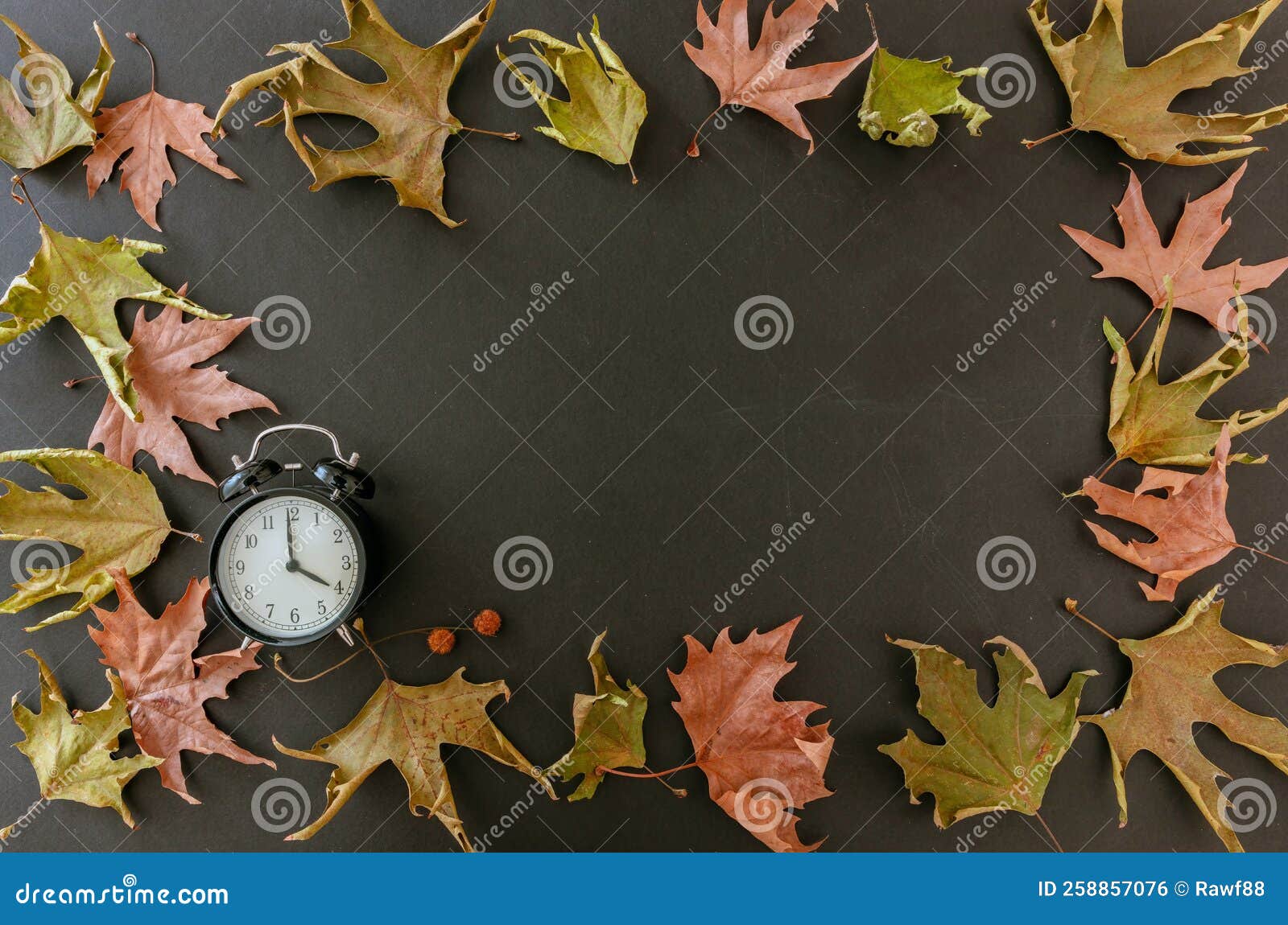 Fall Back, Daylight Saving Time. Black Clock and Autumn Leaves Frame ...