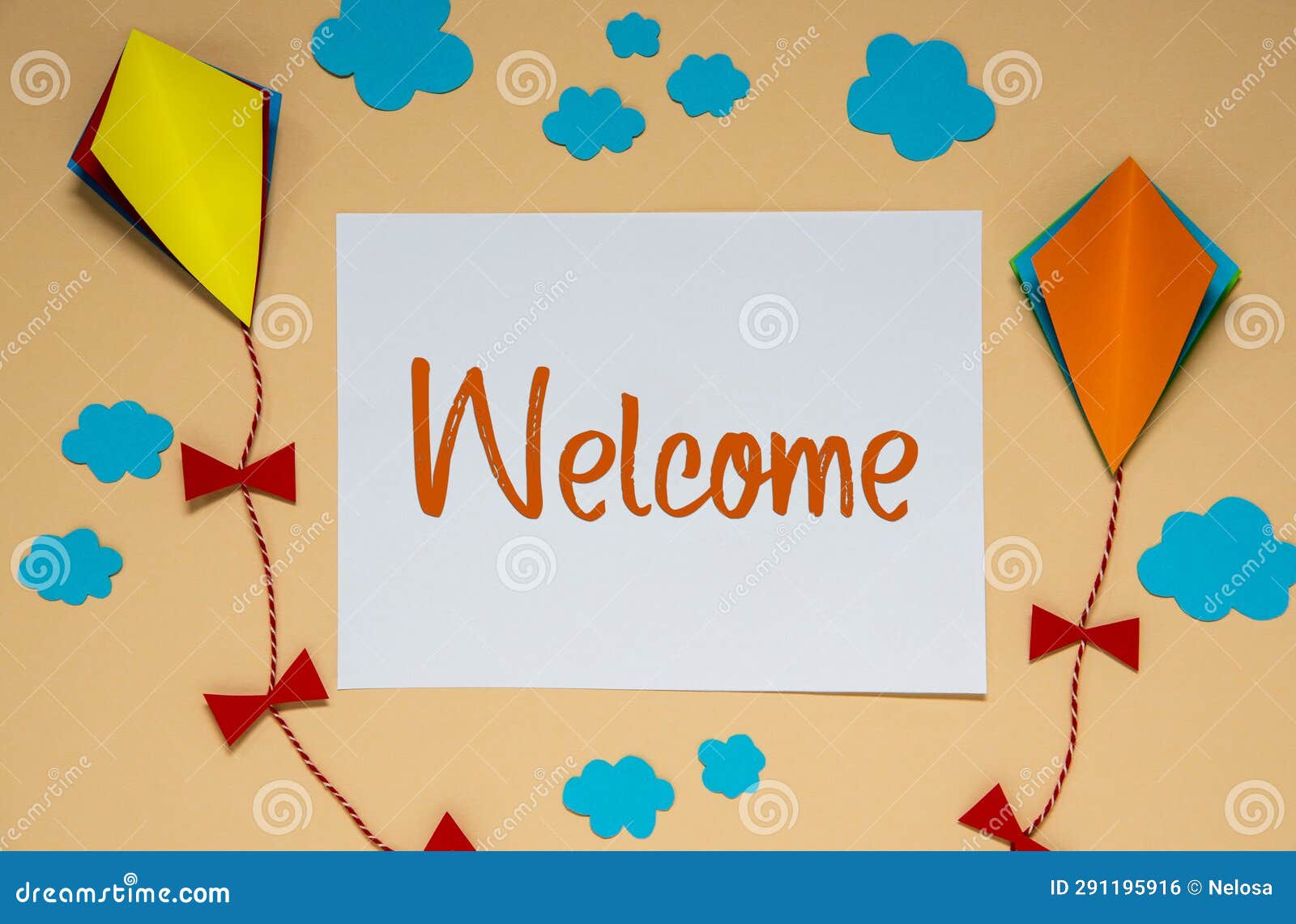 Fall Background with Kite, Clouds and Autumn Decoration and Text ...