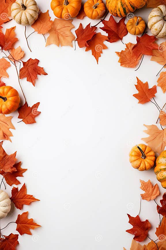 Fall Background with Orange Pumpkins and Fall Leaves on a Light Surface ...