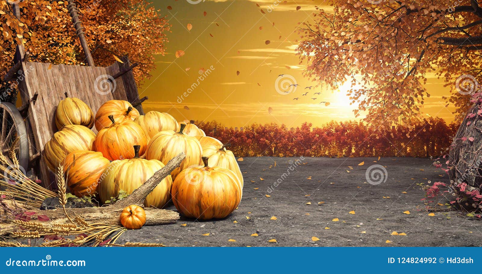 Fall in Backyard with Leaves Falling from Trees and Pumpkins, Autumn ...