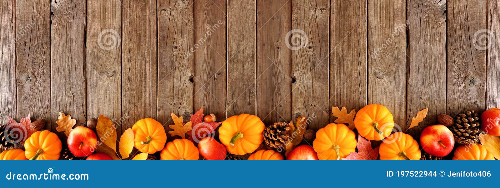 Fall Border with Pumpkins, Leaves and Apples on a Rustic Dark Wood ...