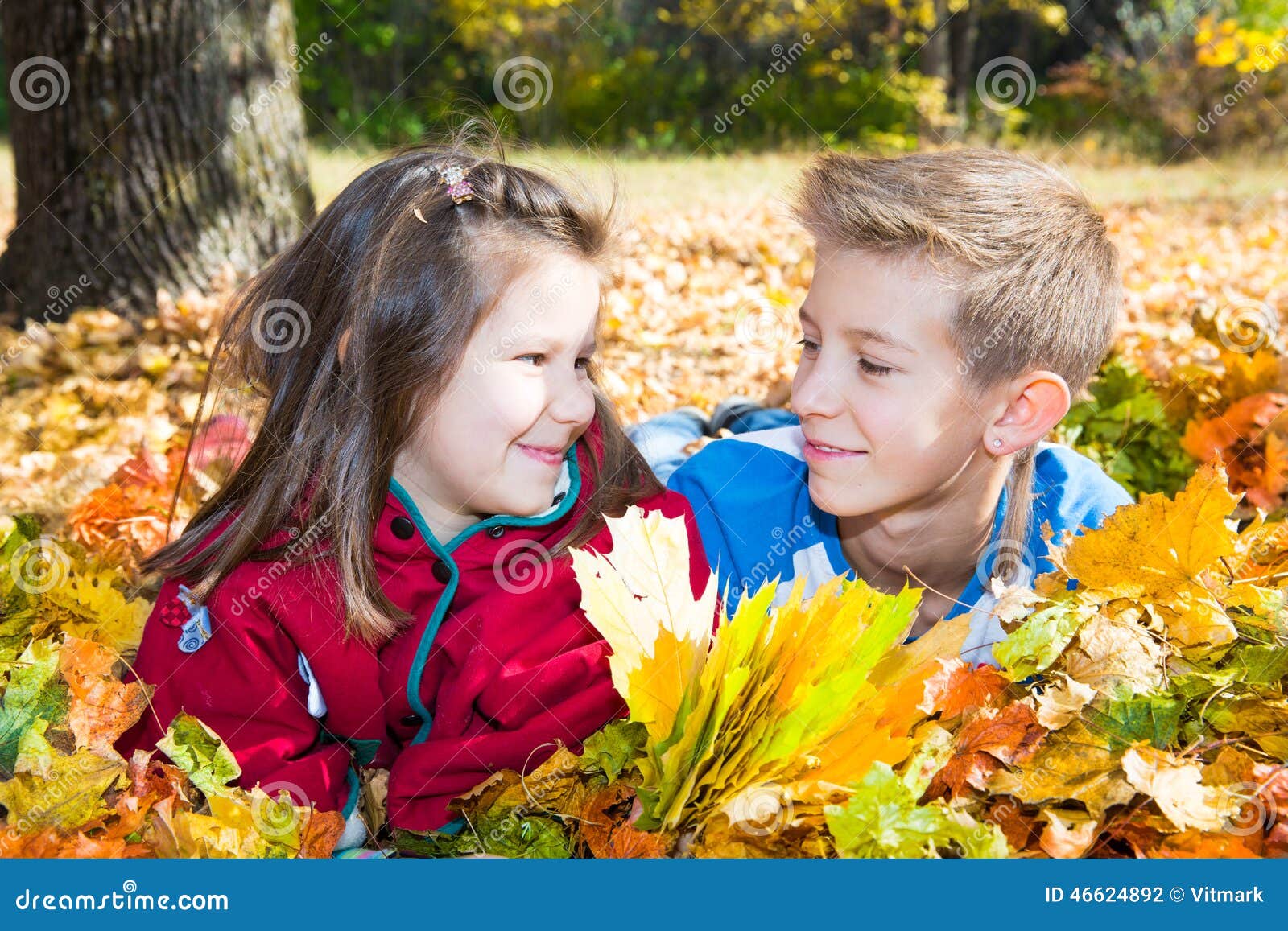 Fall. Brother and Sister with Leaves in Autumn Stock Photo - Image of ...