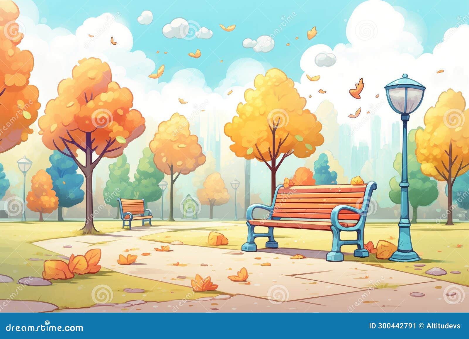 Fall City Park, Leaves Changing Colors on Benches Stock Illustration ...