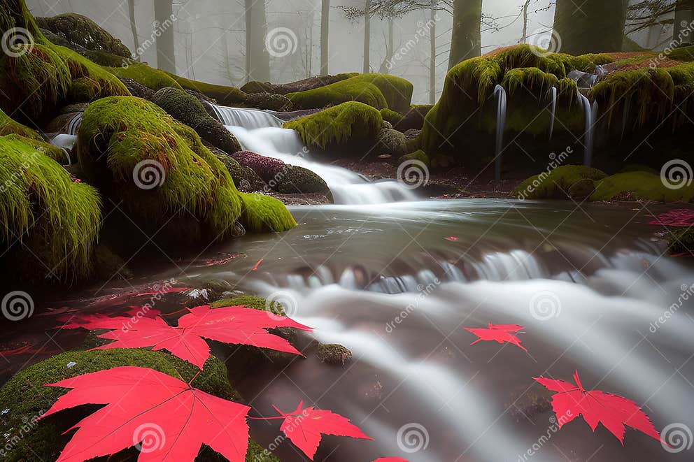 A Fall Color, Waterfall in the Autumn Stock Illustration - Illustration ...