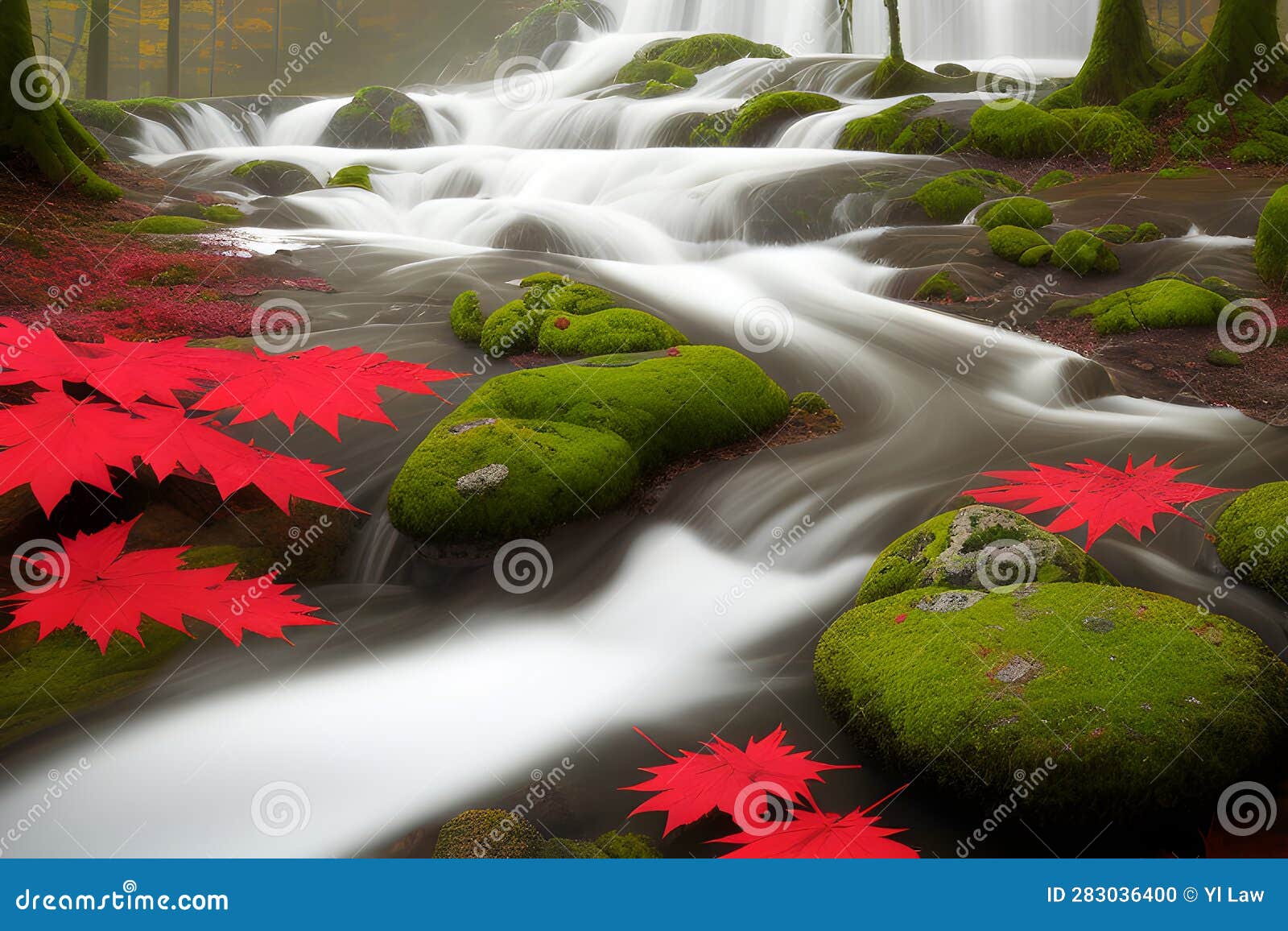 A Fall Color, Waterfall in the Autumn Stock Illustration - Illustration ...