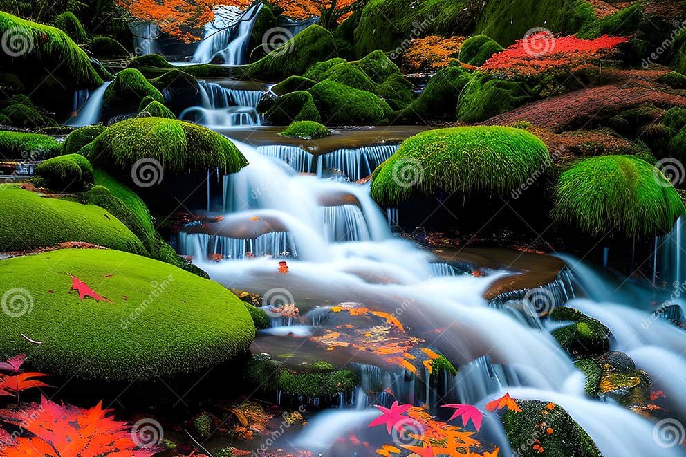 A Fall Color, Waterfall in the Autumn Stock Illustration - Illustration ...