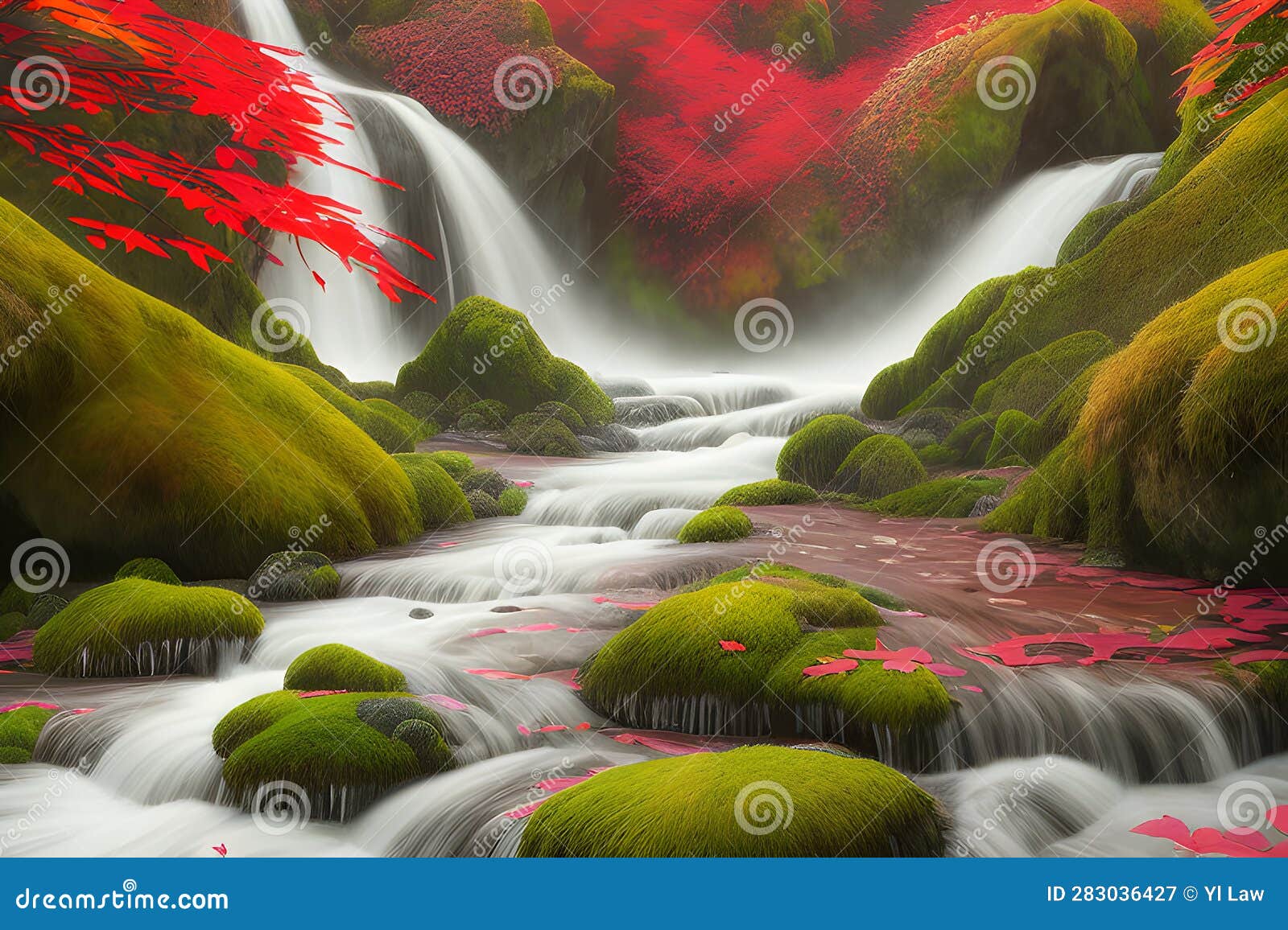 A Fall Color, Waterfall in the Autumn Stock Illustration - Illustration ...