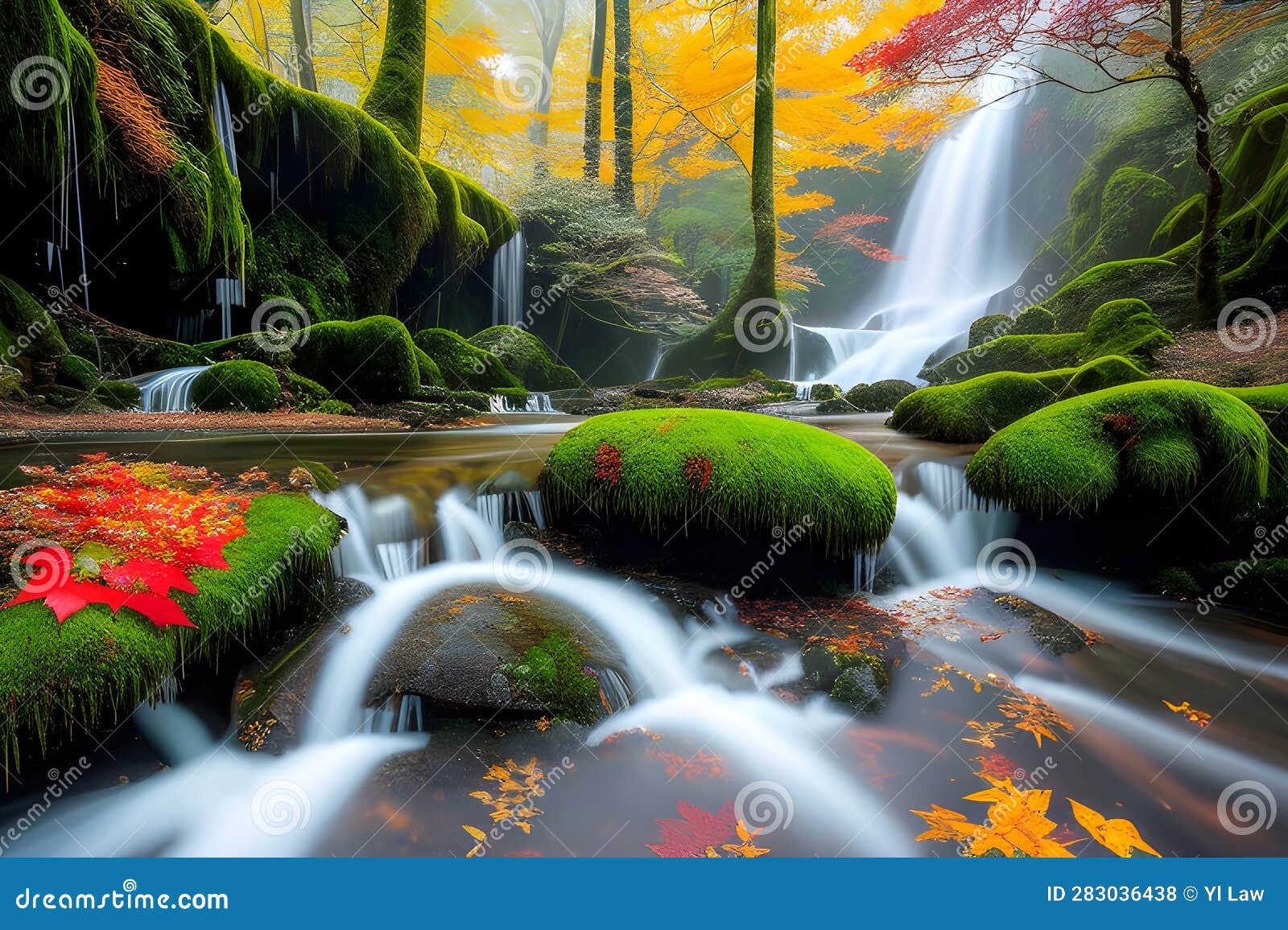 A Fall Color, Waterfall in the Autumn Stock Illustration - Illustration ...