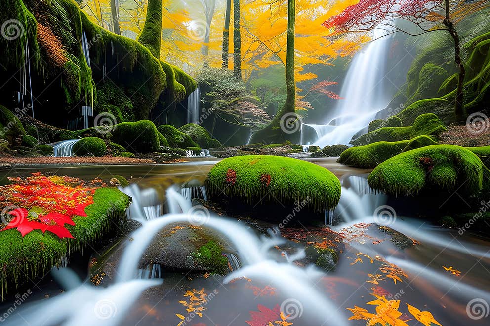 A Fall Color, Waterfall in the Autumn Stock Illustration - Illustration ...