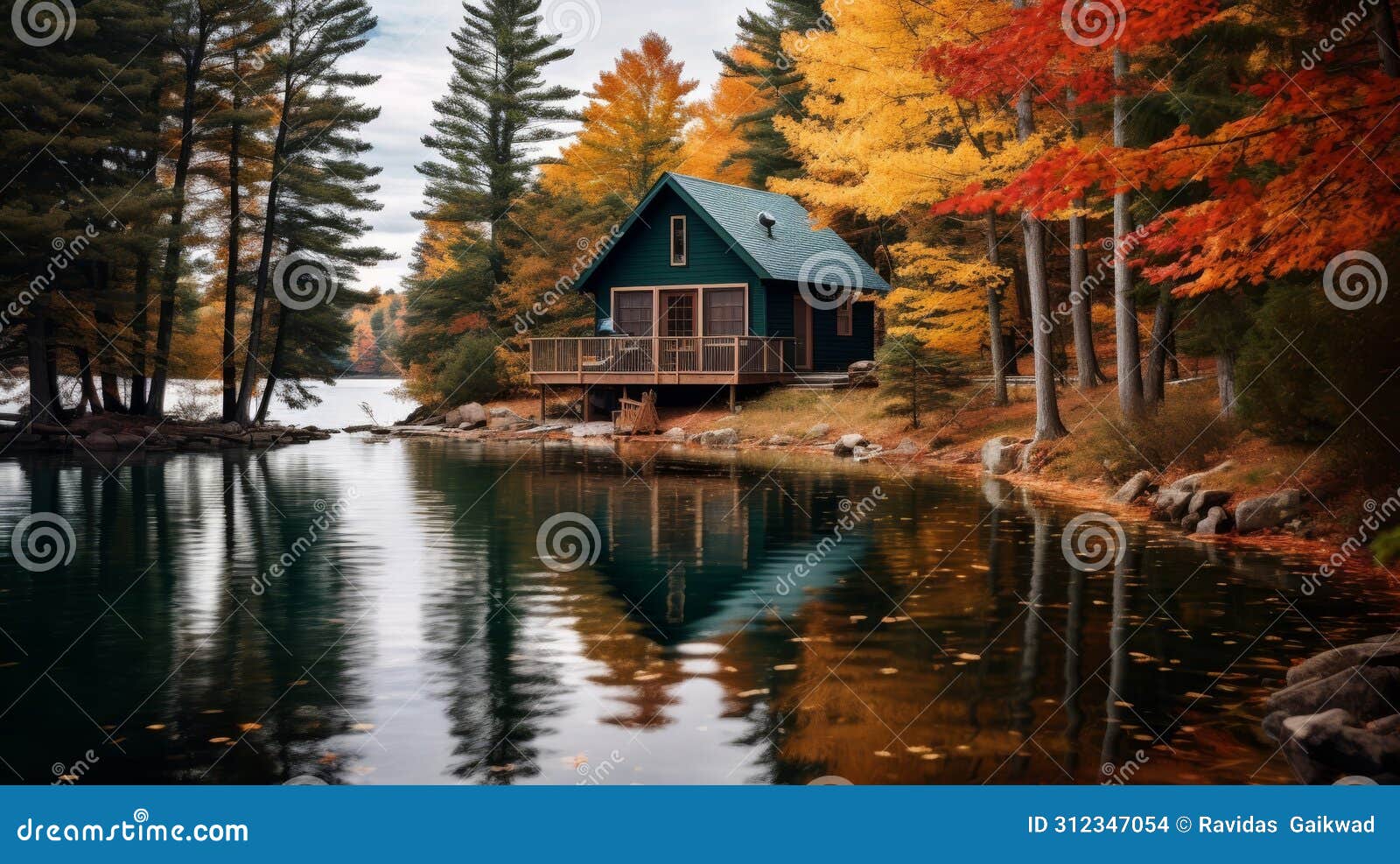 Fall Colors and Lake View at Cozy Cottage Stock Illustration ...