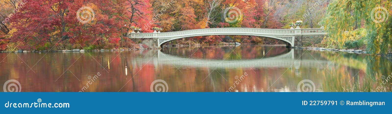 Fall Dawn Panorama of Bow Bridge in Central Park. Stock Image - Image ...