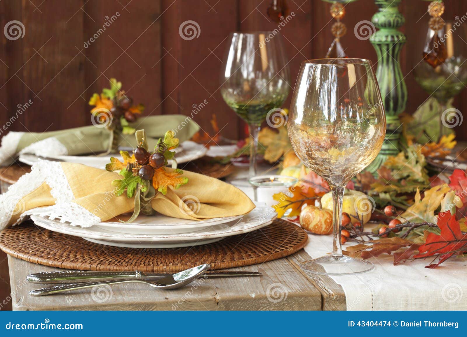 Fall Dining Place Settings on Rustic Table and Wall Stock Photo - Image ...