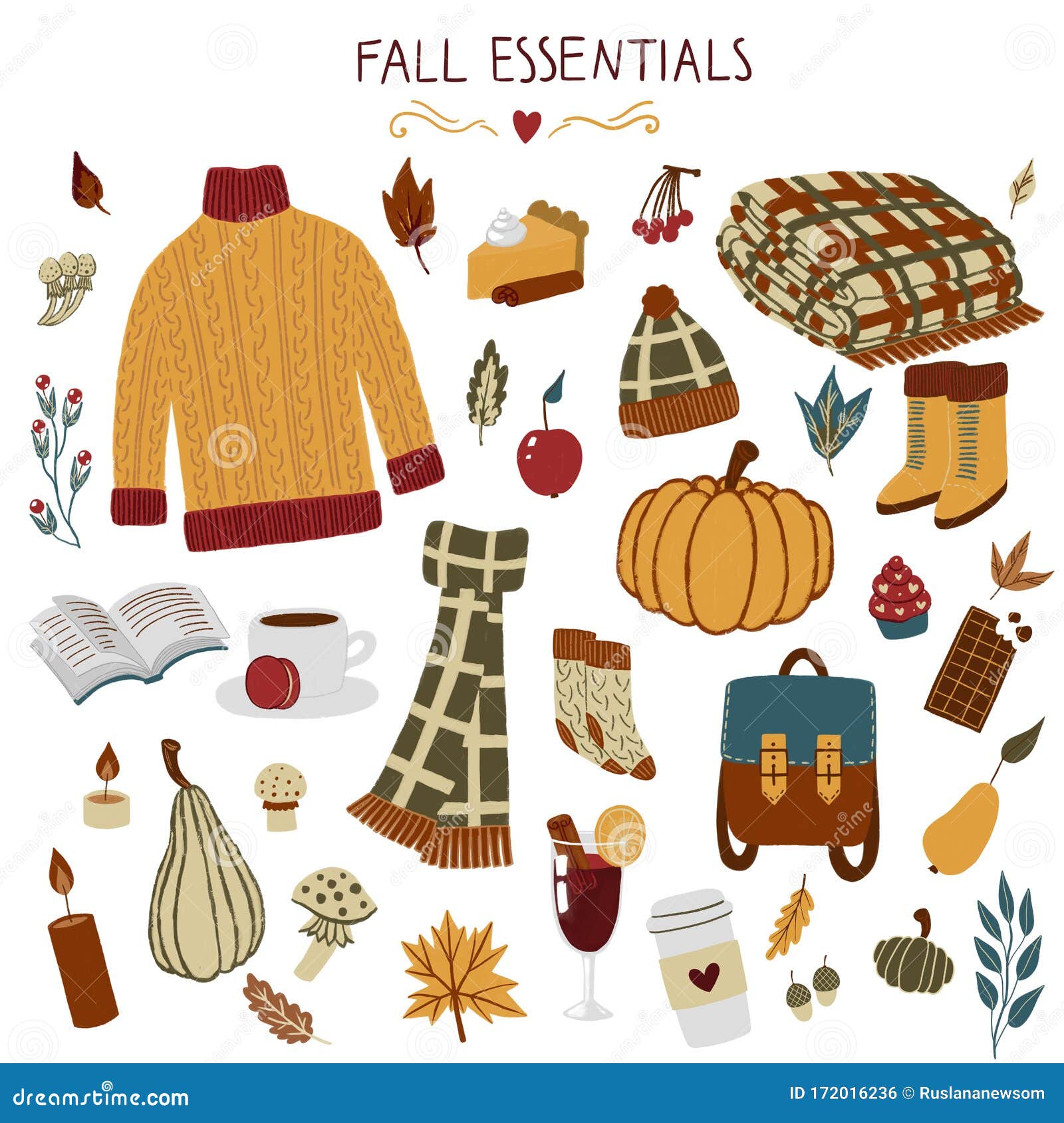 Fall Essentials Hand Drawn Autumn Objects with Sweater, Scarf, Blanket ...