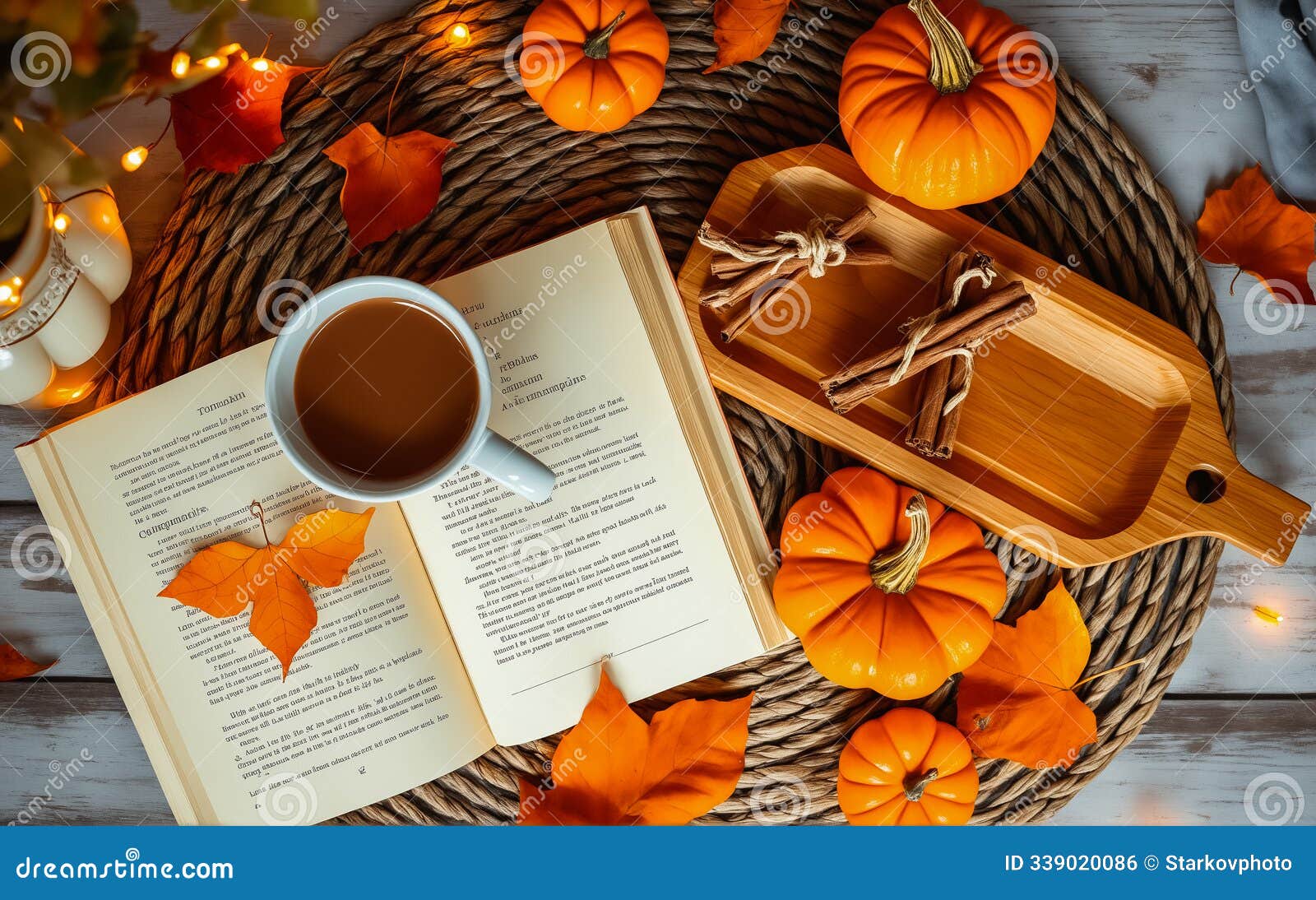Fall Flatlay: an Open Book with a Cup of Coffee or Tea, Fall Leaves, Mini Pumpkins and Cinnamon ...