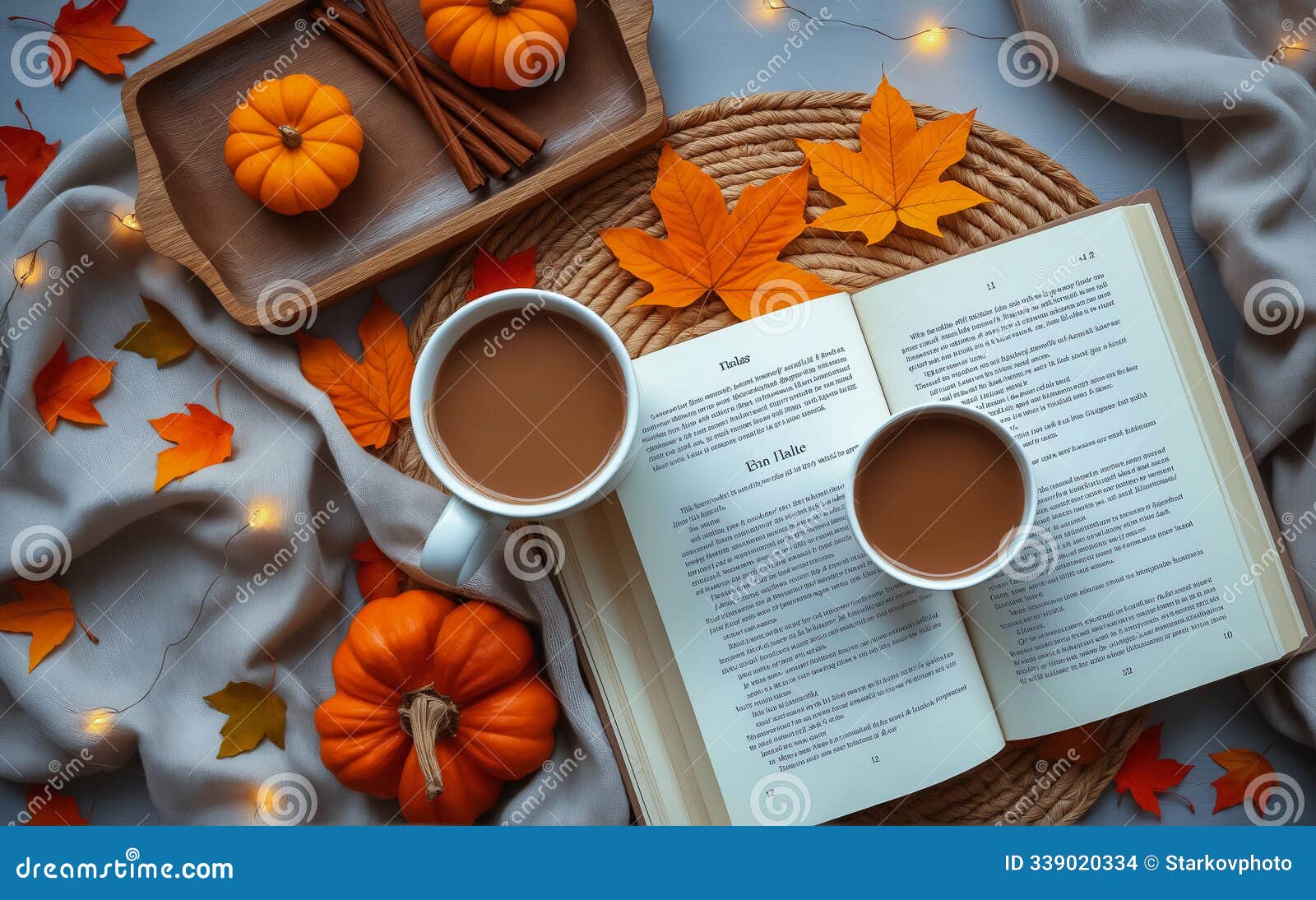 Fall Flatlay: an Open Book with a Cup of Coffee or Tea, Fall Leaves, Mini Pumpkins and Cinnamon ...