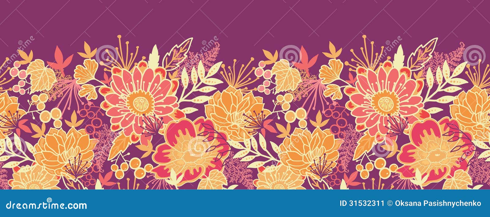 Fall Flowers and Leaves Horizontal Seamless Stock Vector - Illustration ...