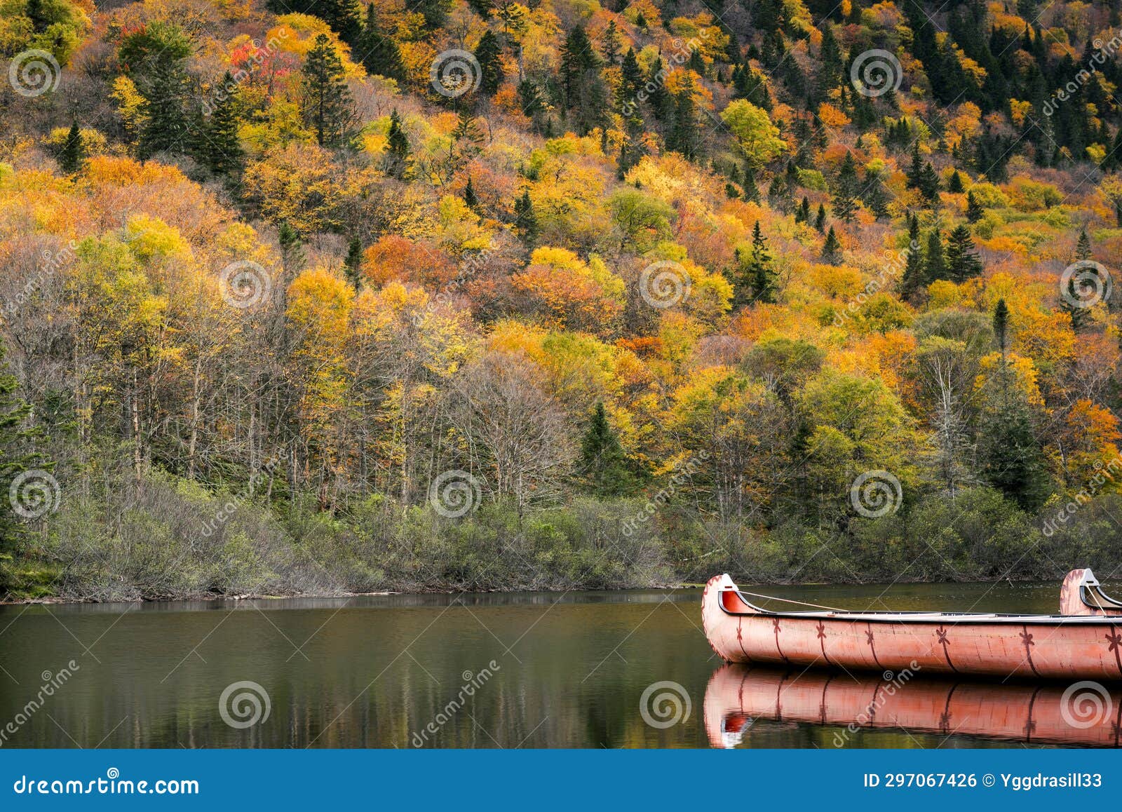 Fall Foliage and Canoe on Jacques Cartier River Stock Photo - Image of ...