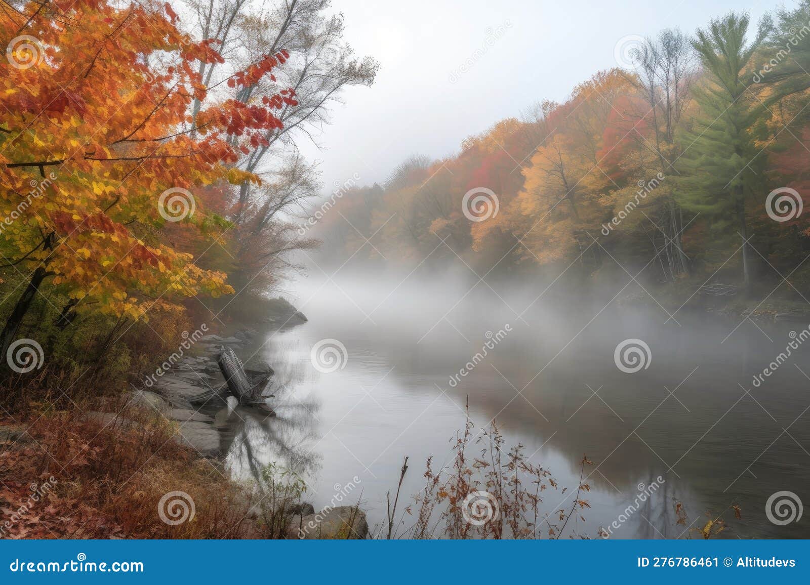 Fall Foliage and Mist Rising from the River on a Misty Morning Stock ...