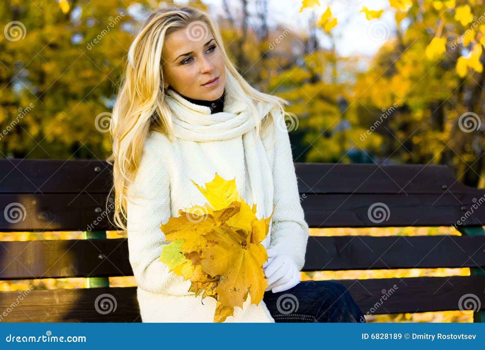 Fall girl on the bench stock image. Image of happiness - 6828189