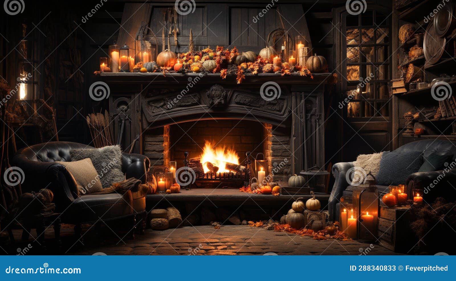 Autumn and Halloween Decorated Cozy Fireplace Interior Setting ...