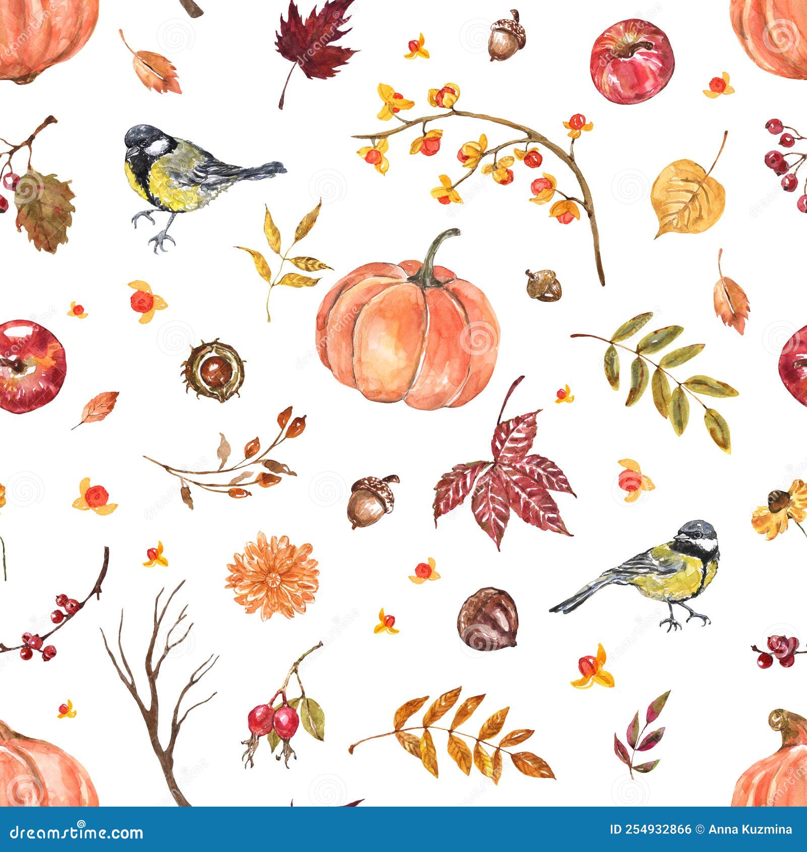 Fall Harvest Themed Seamless Pattern. Watercolor Pumpkins, Tree Leaves ...