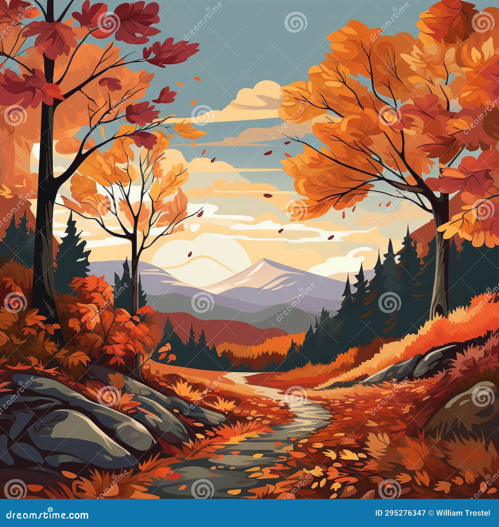 Fall Landscape during Sunset. Stock Illustration - Illustration of ...