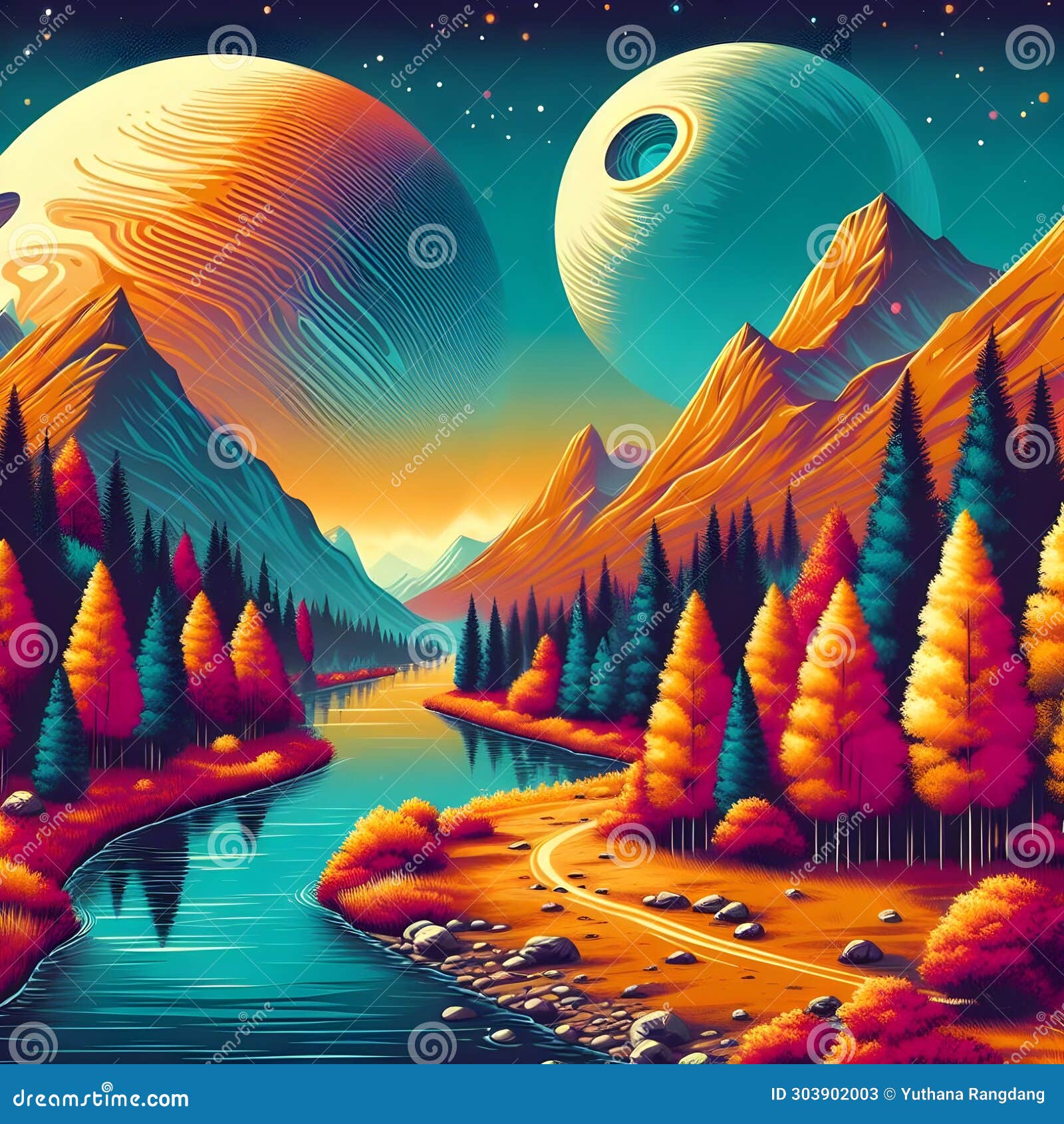 A Fall Landscape with Trees, Mountains, and a River on a Planet with ...