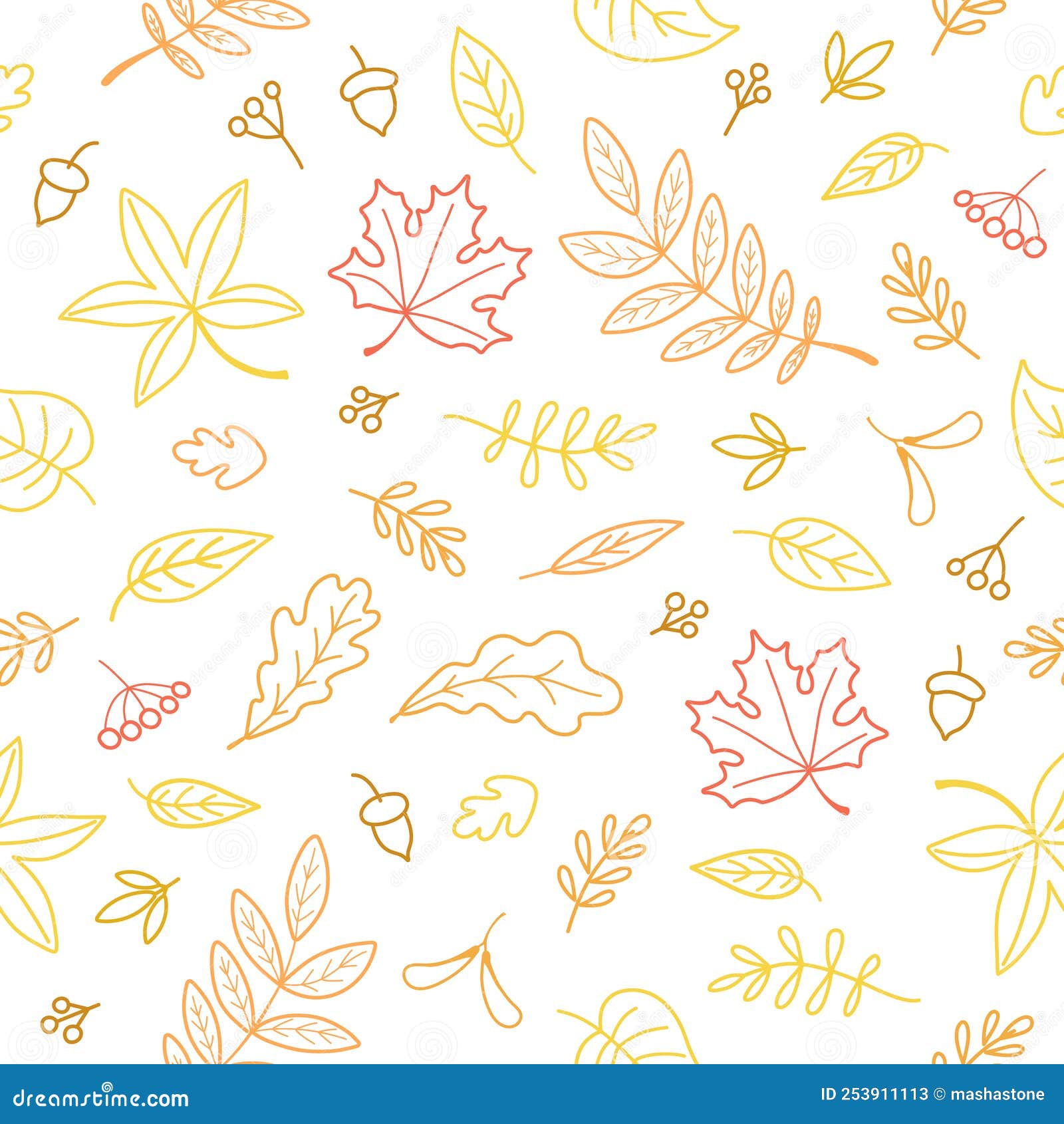 Fall Leaves Seamless Pattern. Color Line Hand Drawn Vector Illustration ...