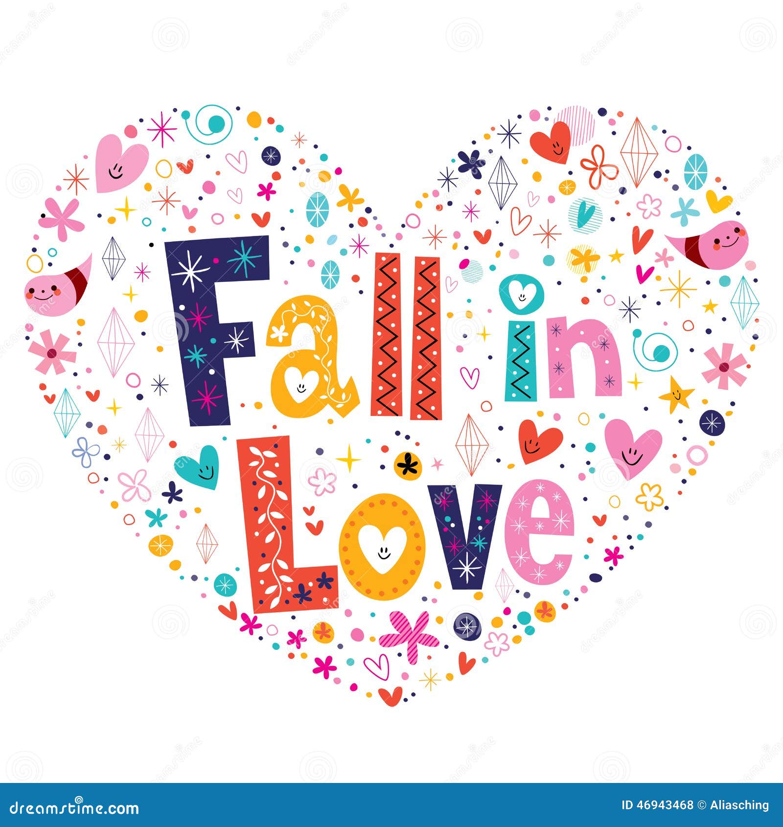 Fall in Love Heart Shaped Typography Lettering Design Stock Vector ...