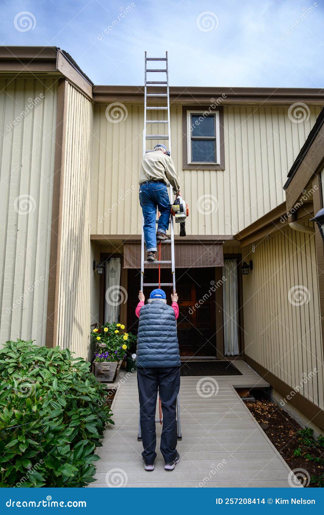 Fall Maintenance, Senior Man Climbing a Ladder with a Leaf Blower ... Fall Maintenance, Senior Man Climbing a Ladder with a Leaf Blower ...