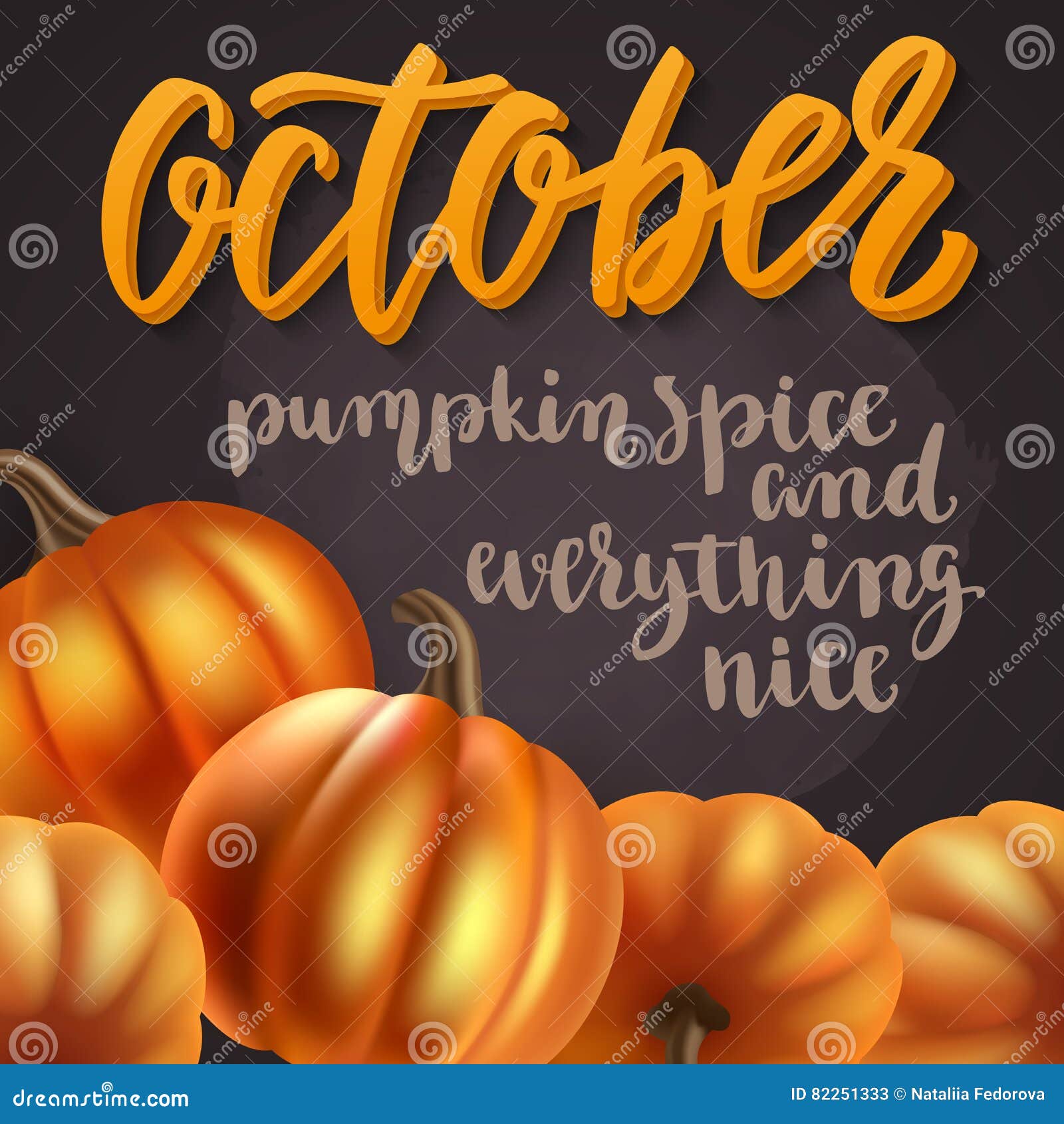 Fall October Handwritten Brush Calligraphy and Autumn Pumpkins ...