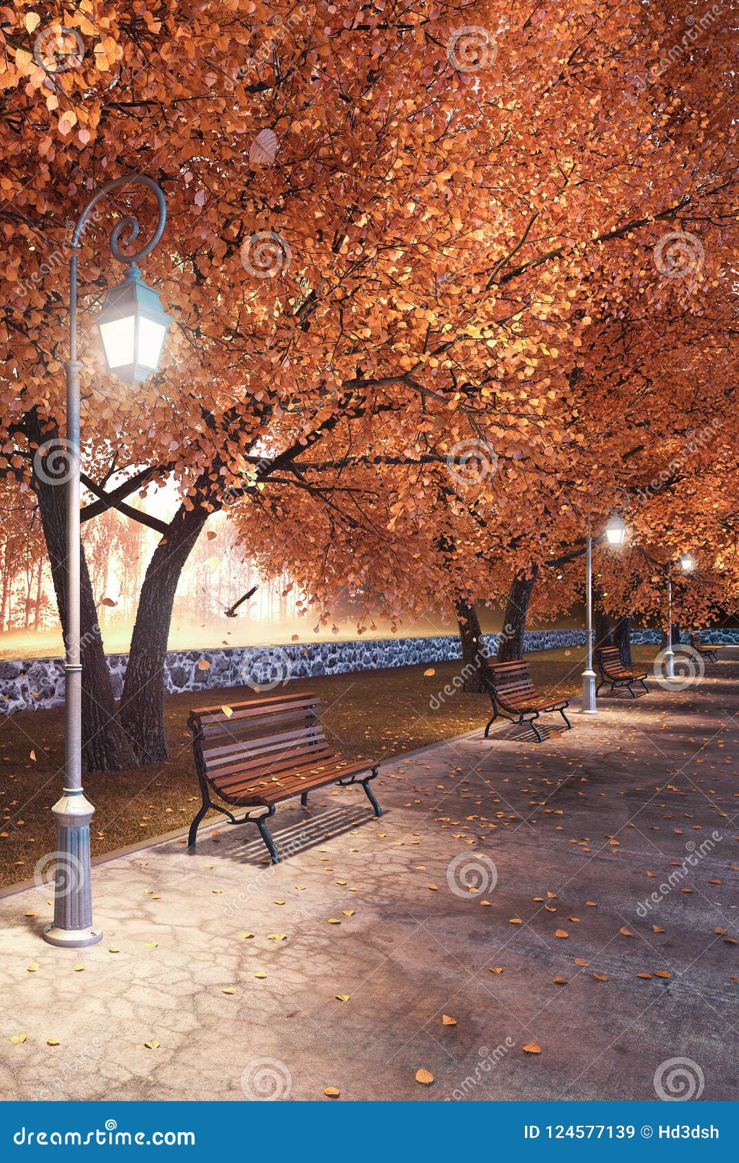 Fall in Park with Leaves Falling from Trees and the Bench, Autumn ...