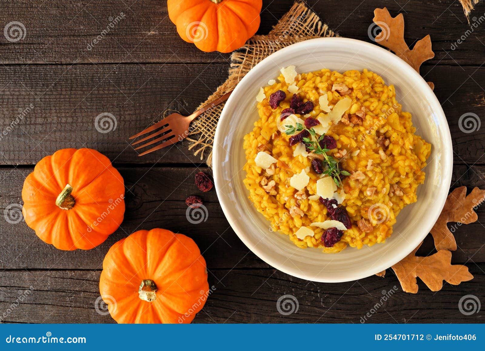 Fall Pumpkin Risotto with Cranberries. Overhead View Table Scene on ...