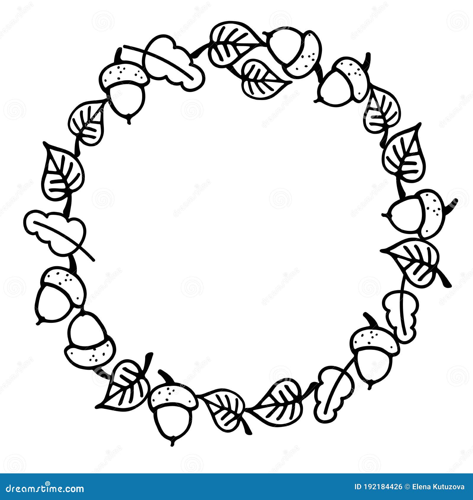 Fall Round Frame with Hand Drawn Leaf and Acorn on White Background ...