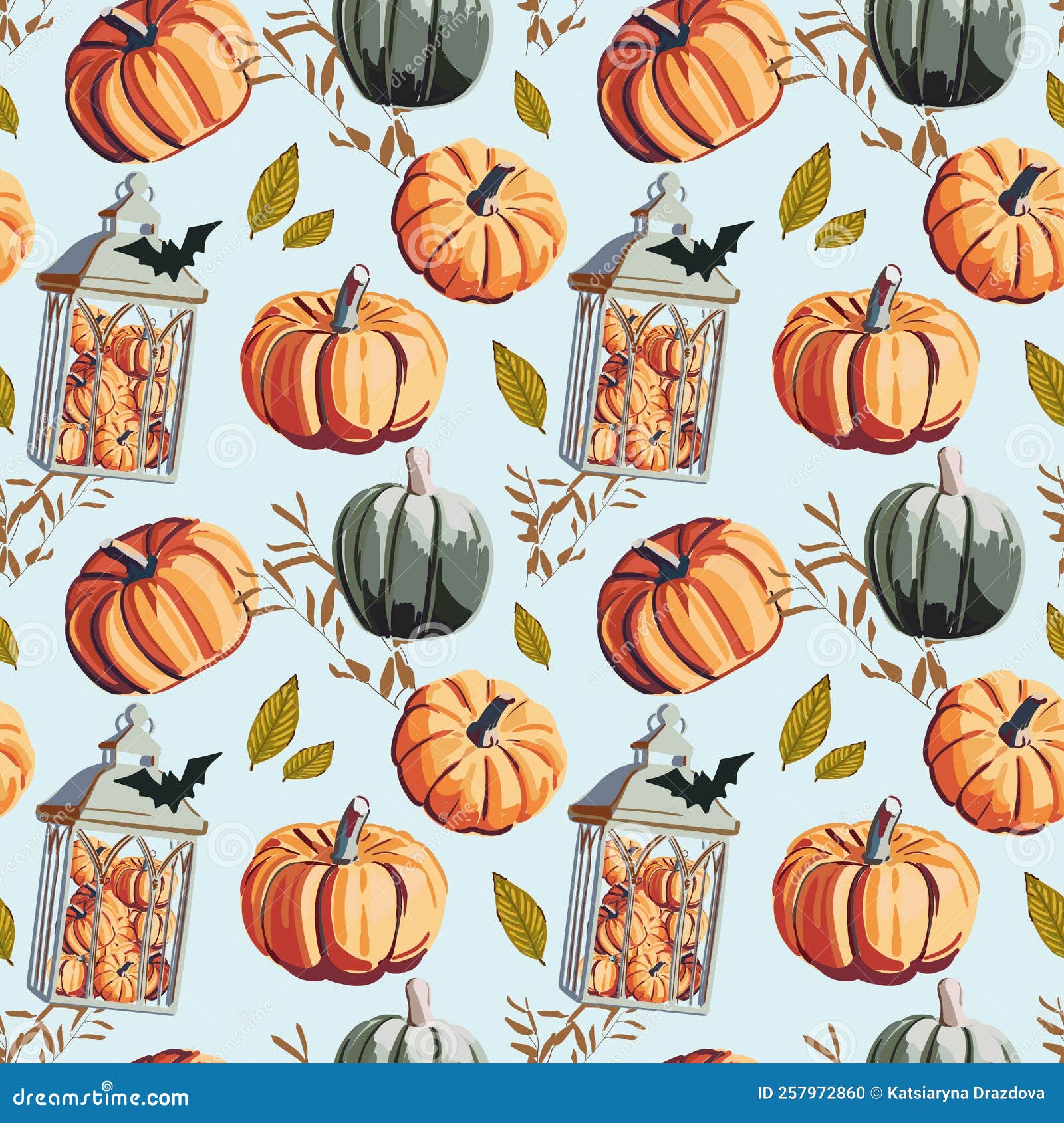 Fall Seamless Pattern with Pumpkins and Autumn Leaves. Background for ...