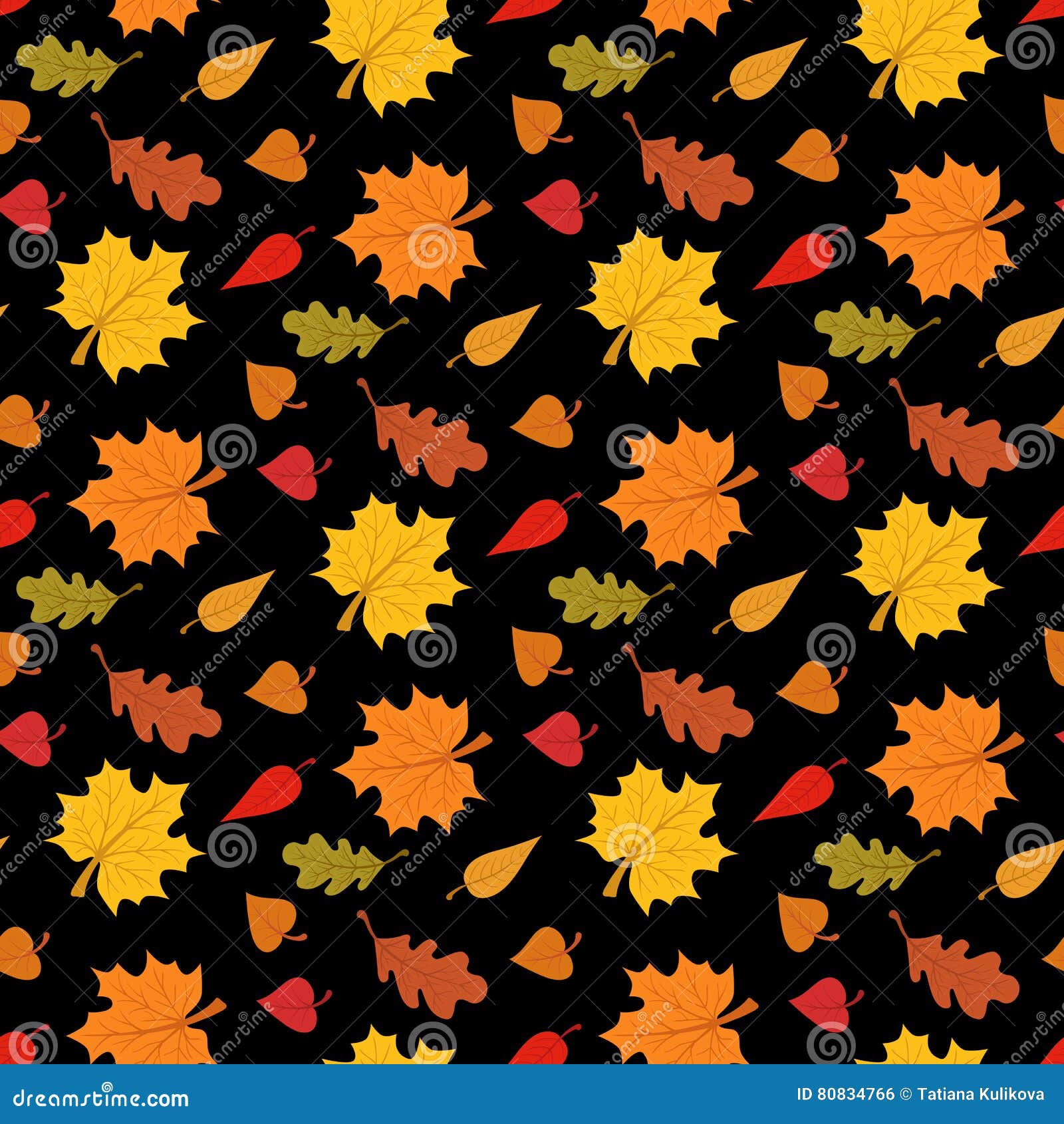 Fall Season Seamless Pattern with Leafs on Black Background Vector ...