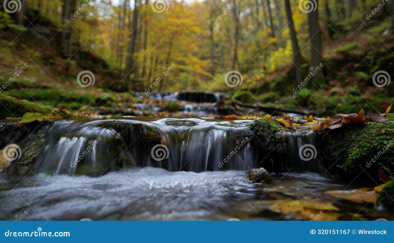 Fall Stream Cascades Over a Low Rock Barrier, AI-generated. Stock ...